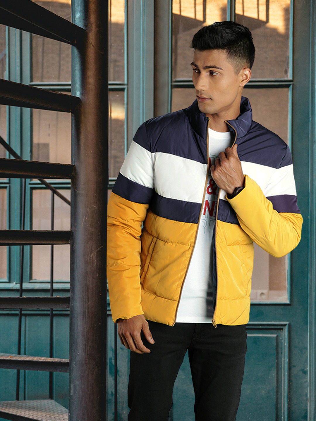 Buy Flying Machine Men Mustard Yellow & Blue Colourblocked Puffer ...