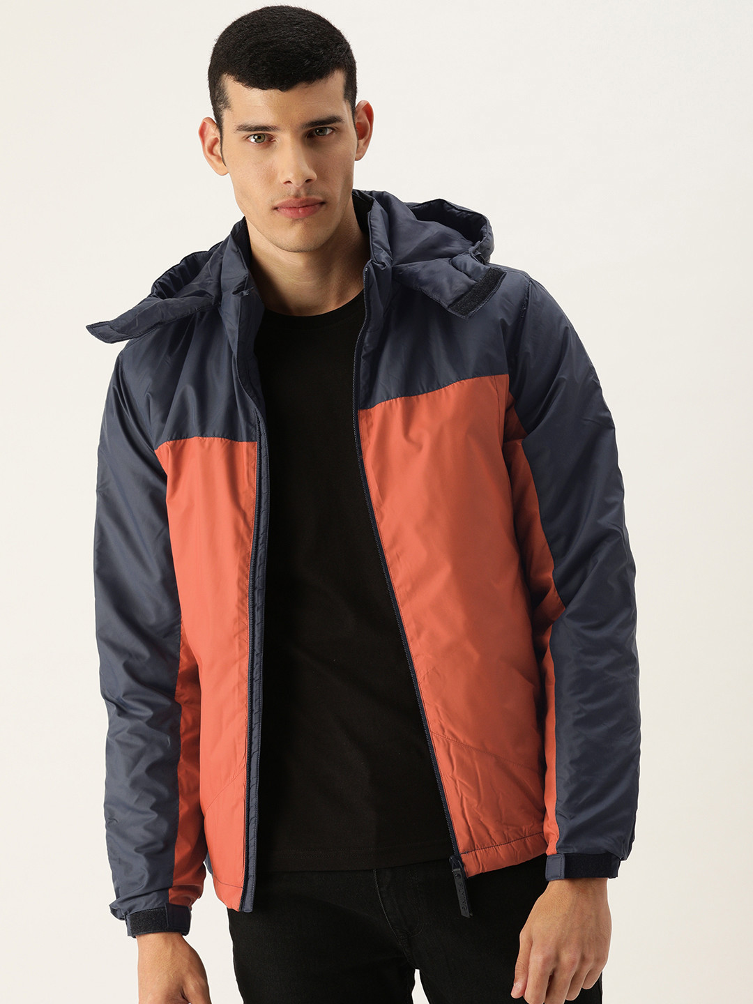 Buy Flying Machine Men Navy Blue And Coral Colourblocked Hooded Bomber ...