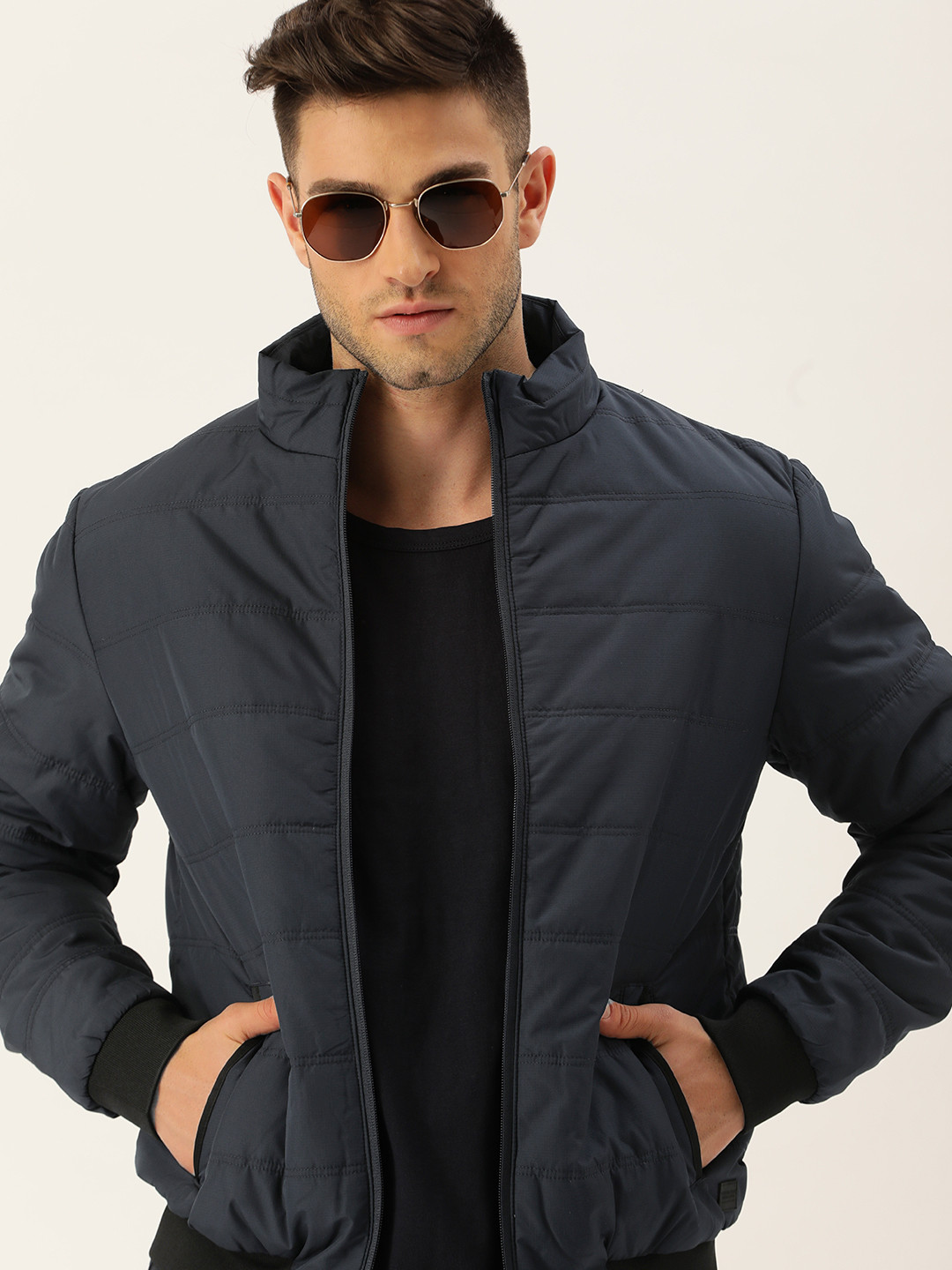 Buy Flying Machine Men Navy Blue Solid Stand Collared Padded Jacket ...