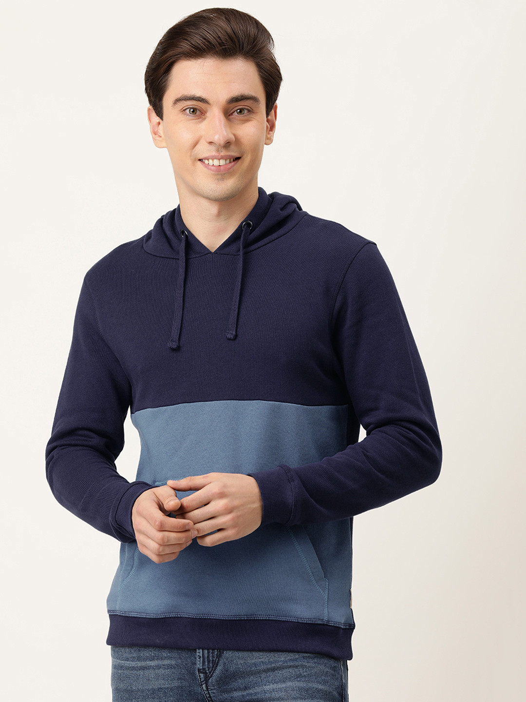 Buy Flying Machine Men Navy Blue Colourblocked Hooded Pure Cotton ...