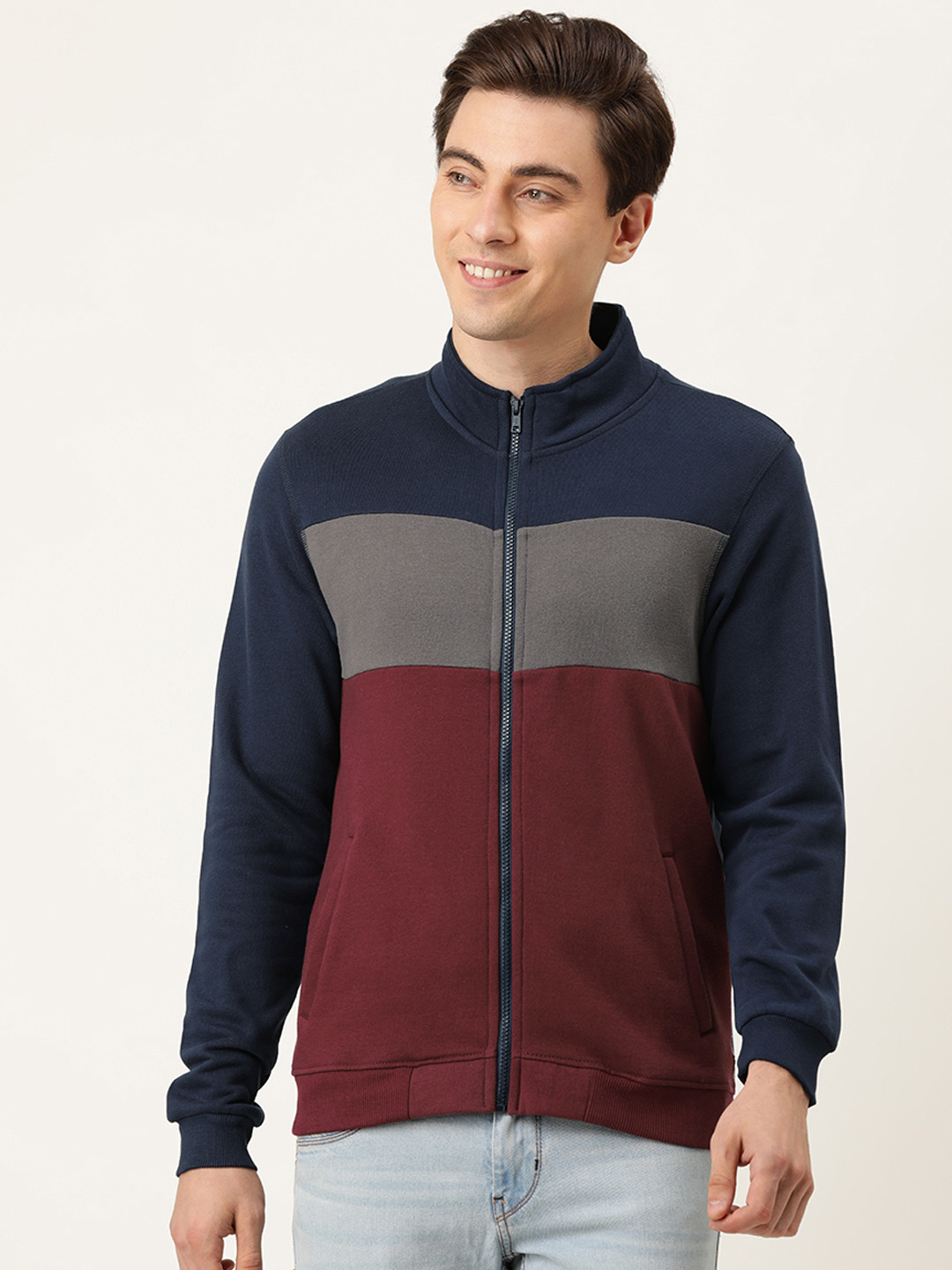 Buy Flying Machine Men Navy Blue & Maroon Colourblocked Sweatshirt ...