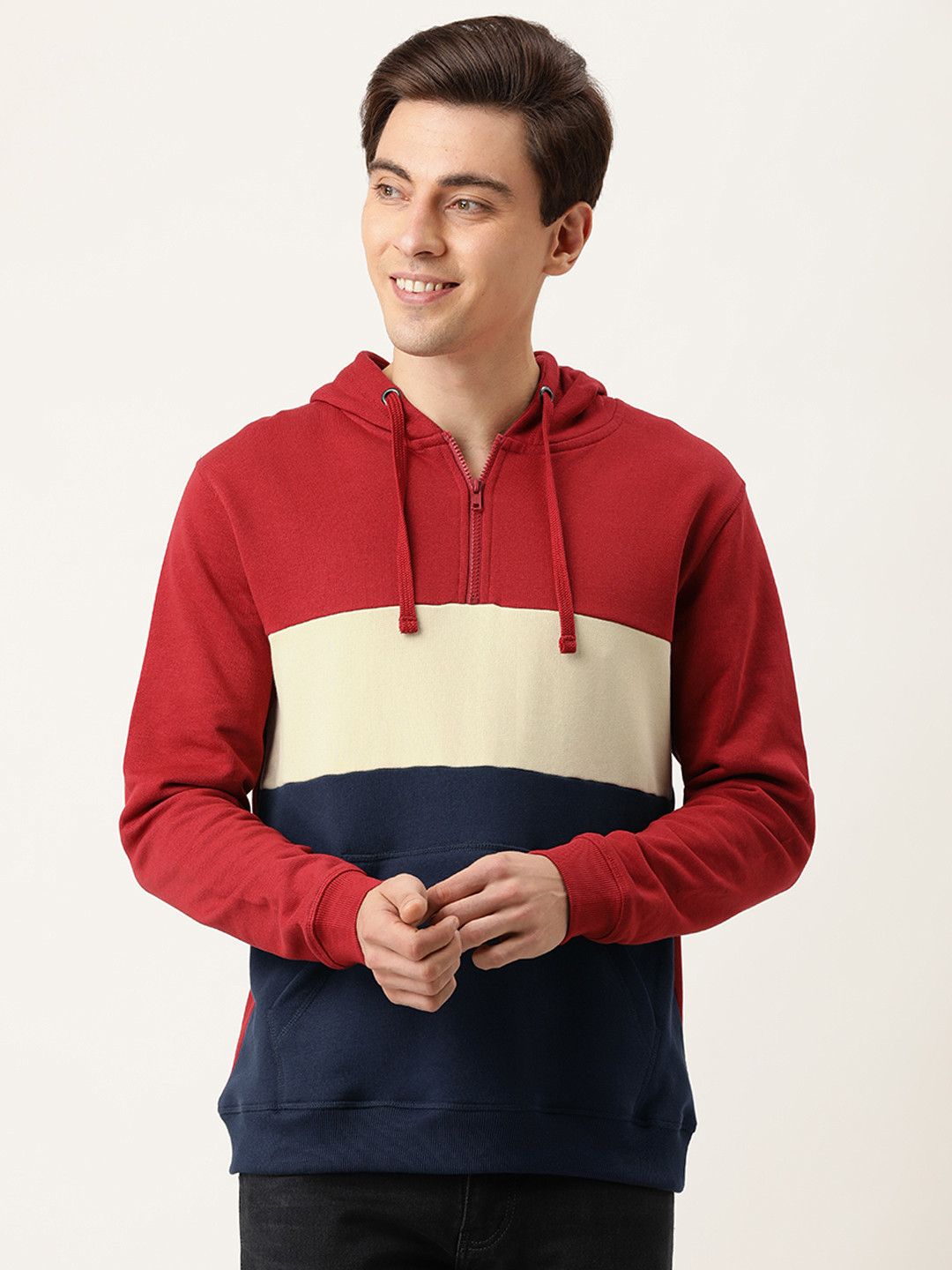 Buy Flying Machine Men Red & Navy Blue Colourblocked Hooded Pure Cotton ...