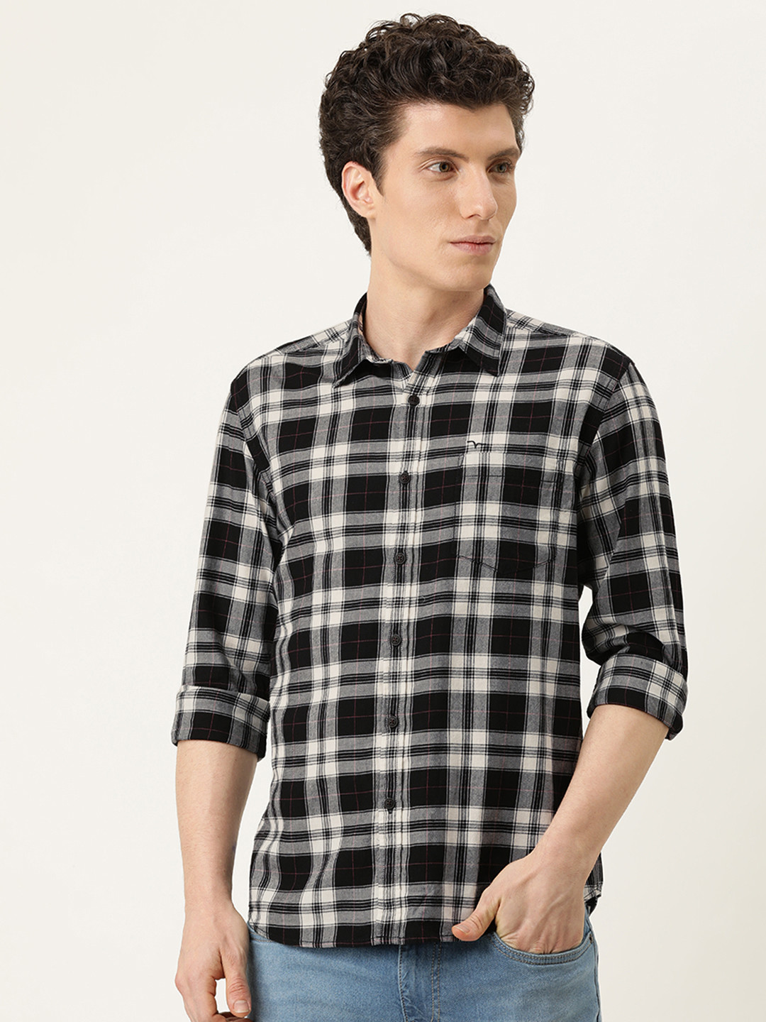 Buy Flying Machine Men Black & Off White Slim Fit Checked Pure Cotton ...