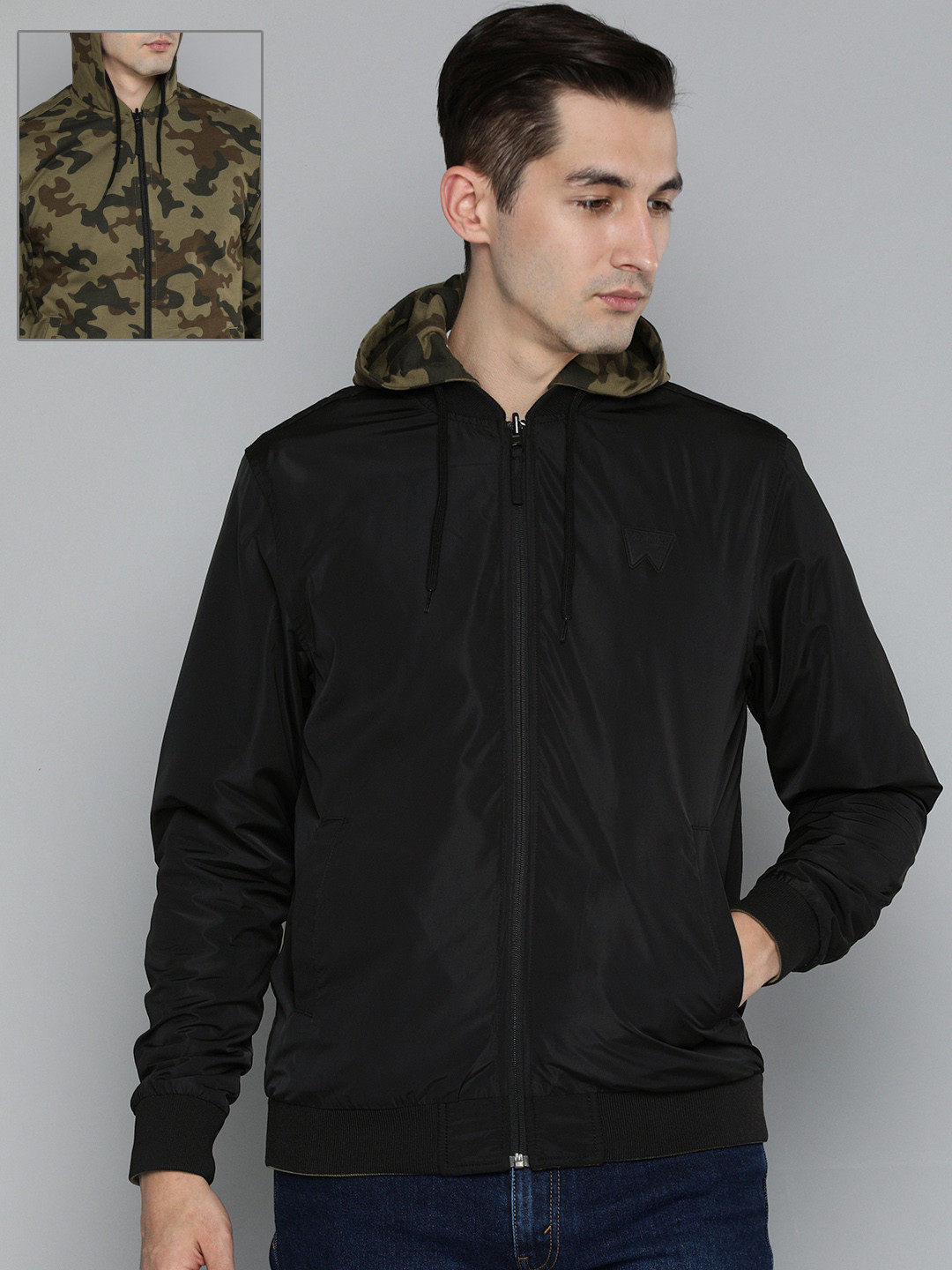 Buy Wrangler Men Black Camouflage Reversible Bomber Jacket - Jackets ...