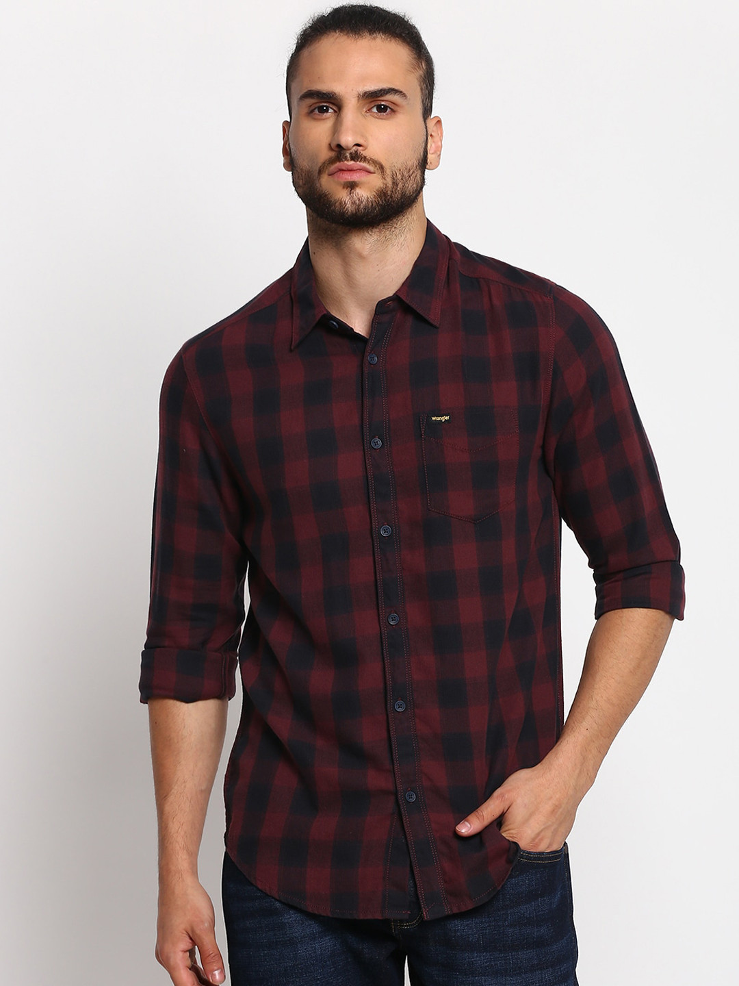 Buy Wrangler Men Maroon Buffalo Checks Opaque Checked Casual Shirt ...