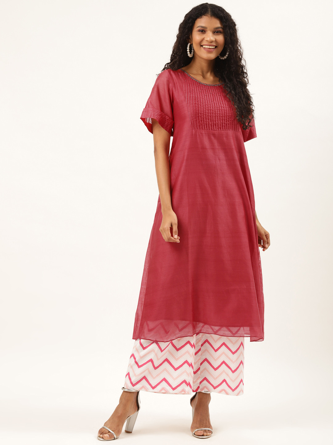Buy Ancestry Women Maroon Pure Cotton Solid A Line Kurta - Kurtas for ...