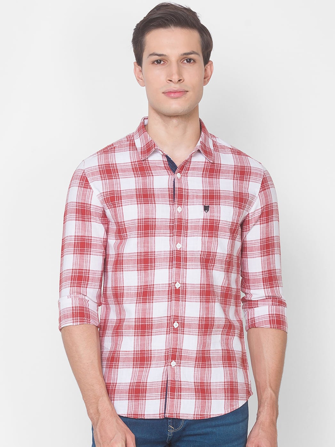 Buy Spykar Men Red Slim Fit Tartan Checks Opaque Checked Pure Cotton