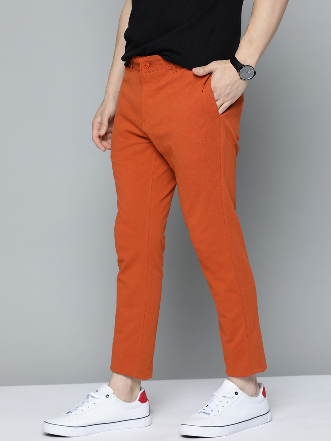 Buy Mast And Harbour Men Rust Orange Solid Stretchable Regular Trousers