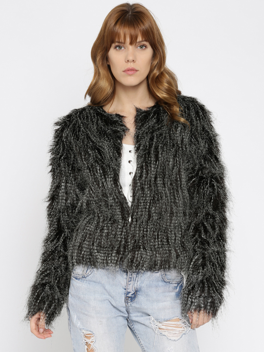 Buy Vero Moda Black & Grey Faux Fur Jacket - Jackets for Women 1541440 ...