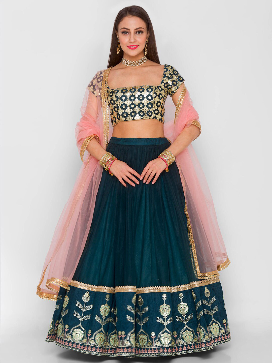 Buy 6Y COLLECTIVE Green & Gold Toned Embroidered Semi Stitched Lehenga ...