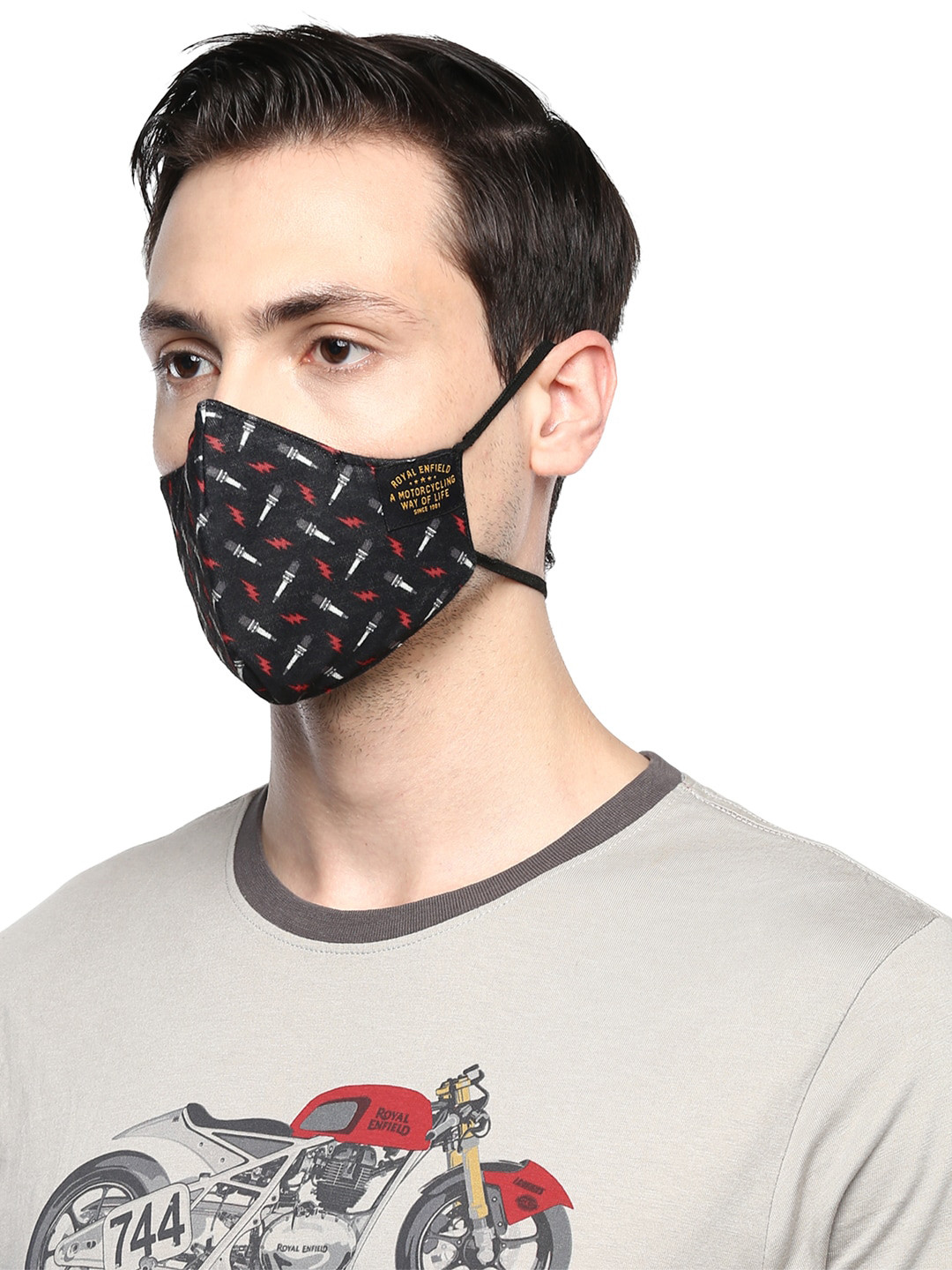 Buy Royal Enfield Unisex Charcoal Black & White Printed Cotton Reusable ...