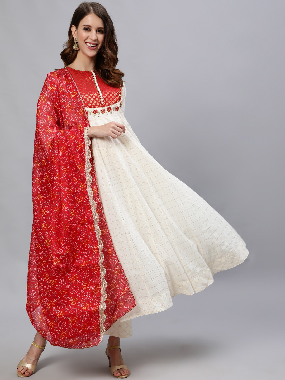 Buy Jaipur Kurti Women Off White Empire Pure Cotton Kurta With Trousers ...