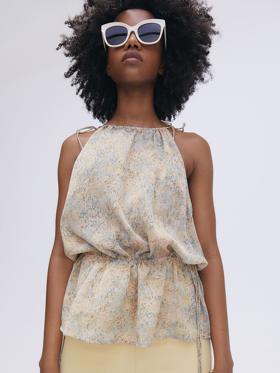 Buy H&M Beige & Blue Printed Halter Neck Drawstring Top - Tops for ...