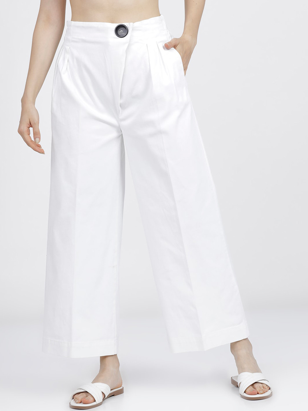 Buy Tokyo Talkies Women White High Rise Pleated Trousers - Trousers for ...