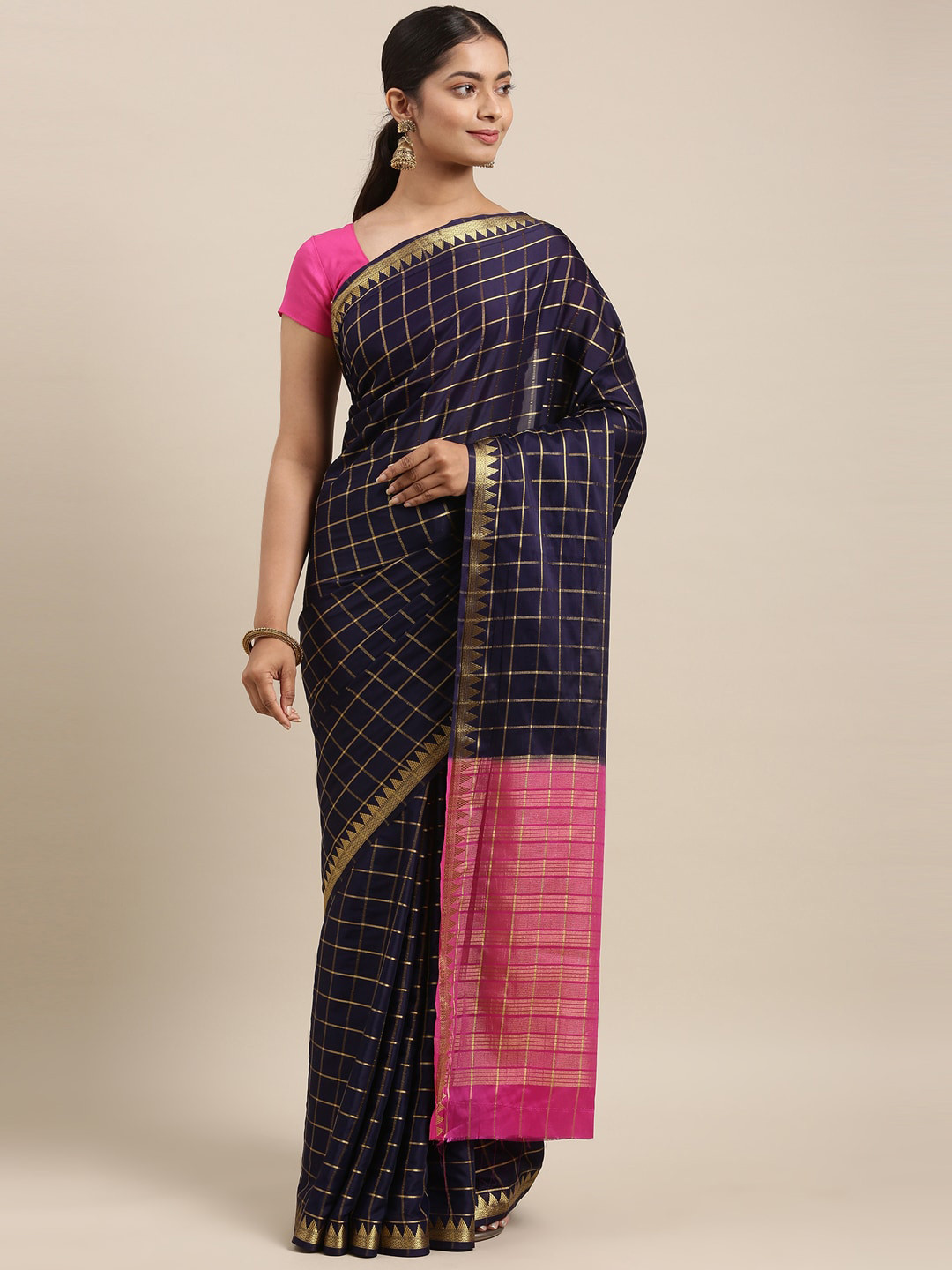 Buy The Chennai Silks Navy Blue & Pink Checked Zari Saree - Sarees for ...