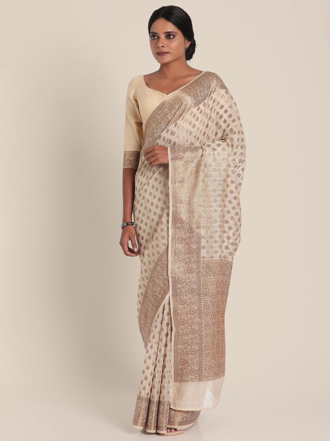 Buy Suta Suta Women Off White & Gold Toned Woven Design Ethnic Motif ...