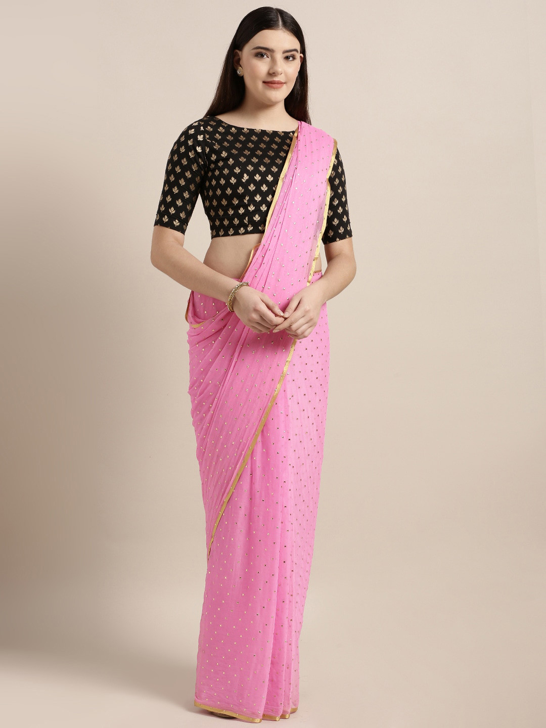 Buy MOKSHA DESIGNS Pink & Gold Toned Embellished Zari Pure Chiffon ...