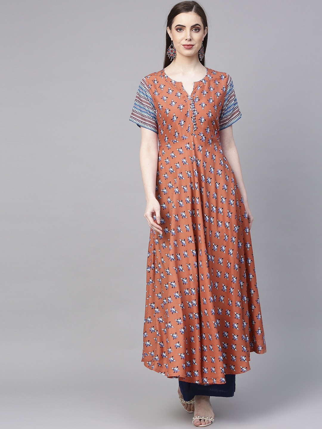 Buy Zoeyams Women Peach Coloured And Blue Ethnic Motifs Printed Anarkali