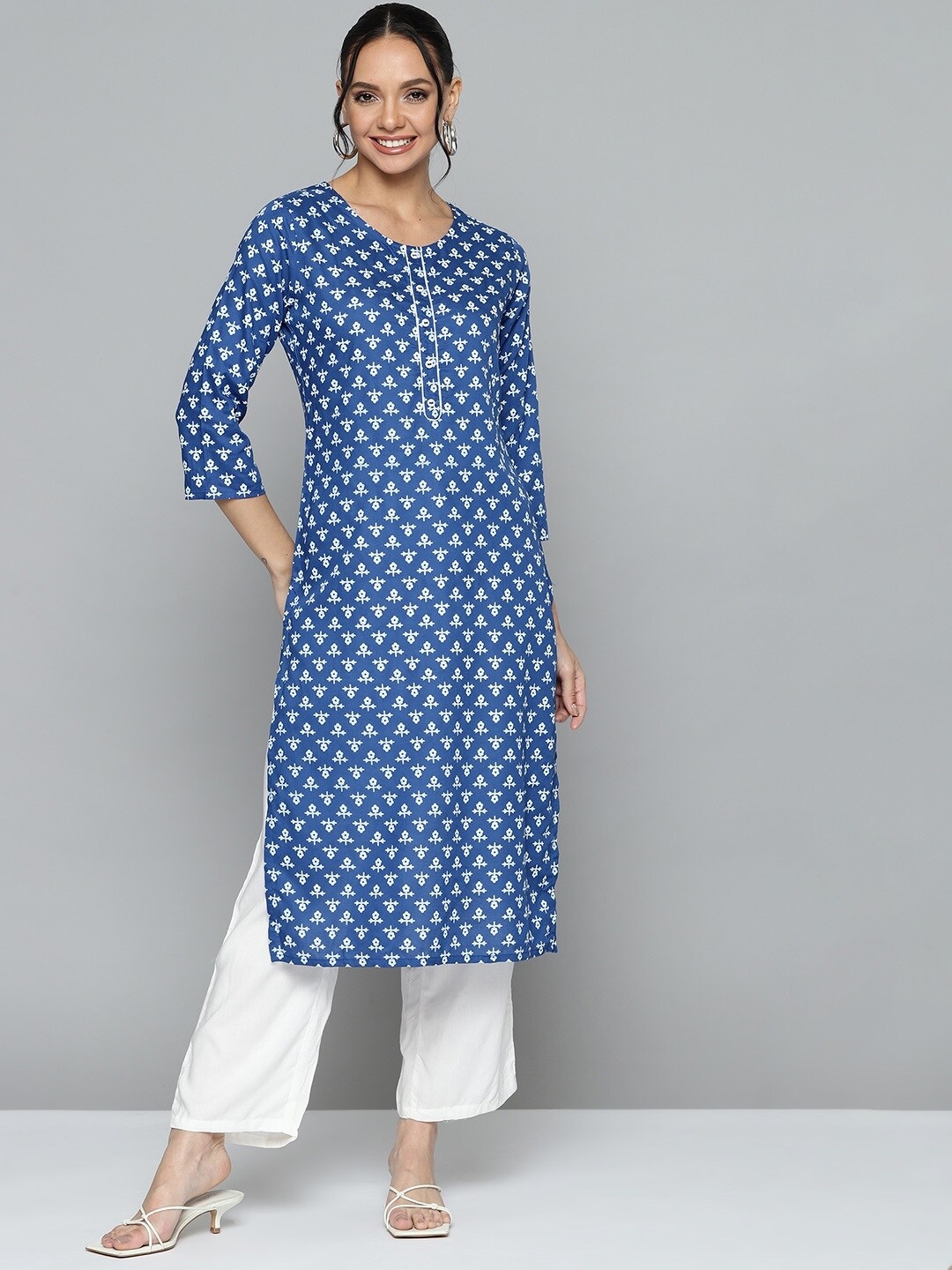 Buy Hereandnow Women Blue Ethnic Motifs Printed Regular Kurta With