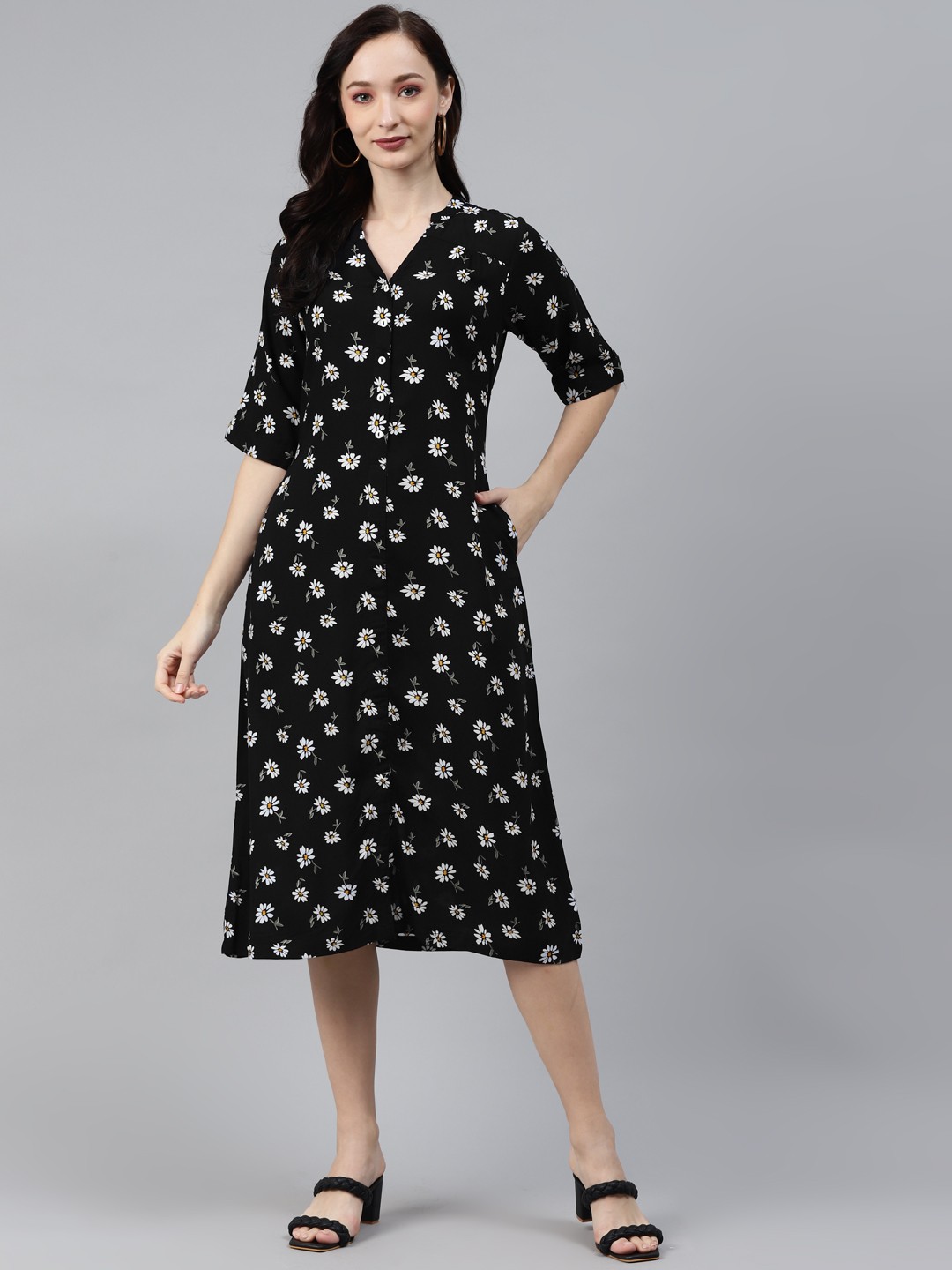 Buy Ayaany Black Floral A Line Midi Dress Dresses For Women 15443078