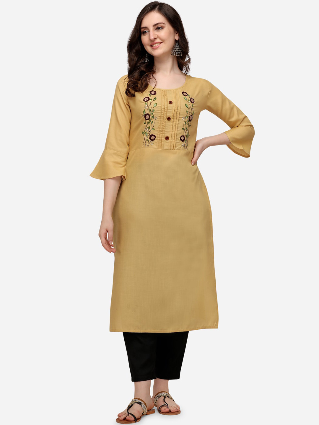 Buy SAADHVI Women Beige Ethnic Motifs Embroidered Pure Cotton Kurta ...