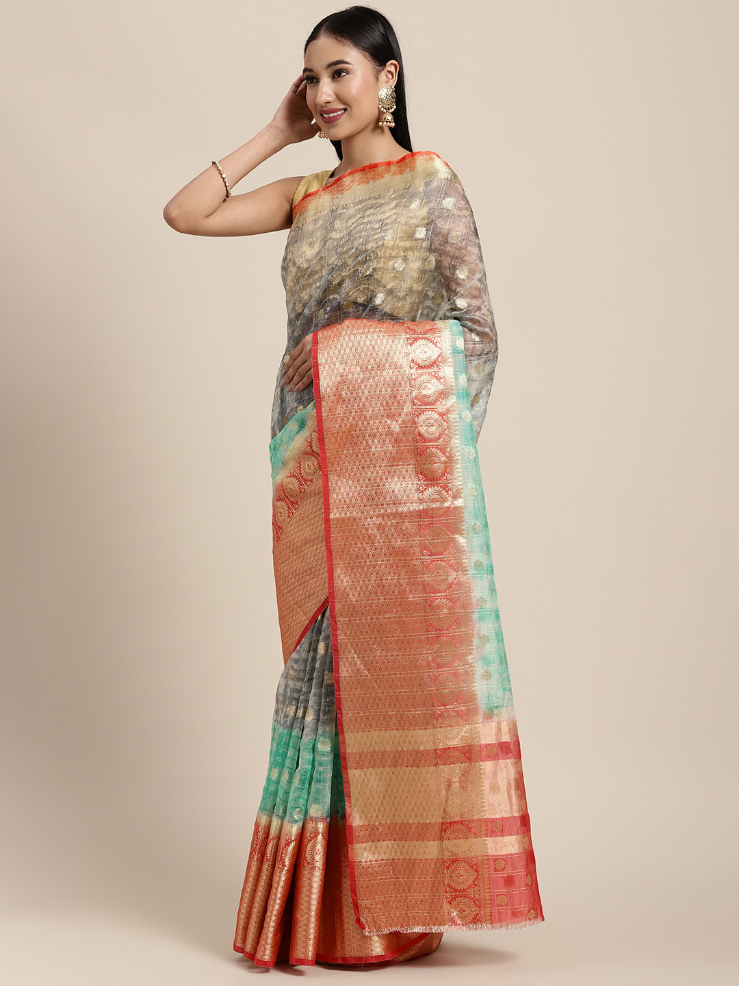 Buy Neerus Sea Green & Red Zari Organza Saree - Sarees for Women ...