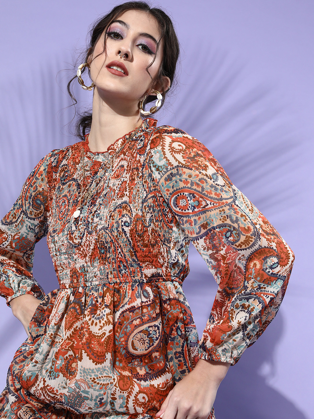 Buy Antheaa Chic Rust Bohemian Smocked Dress - Dresses for Women ...