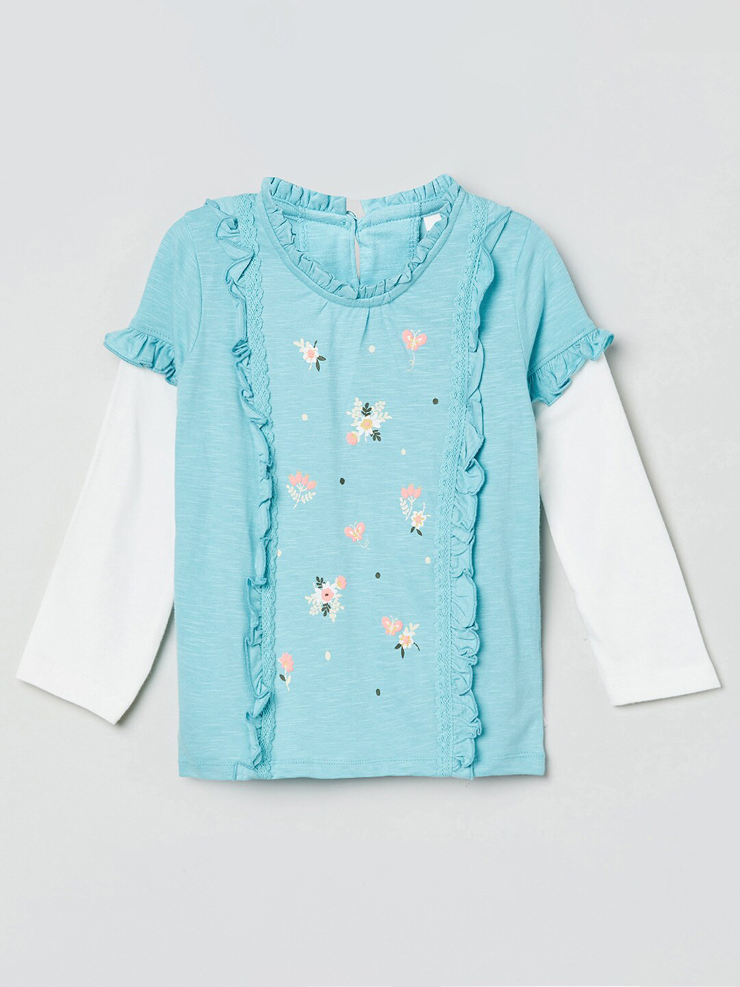 Buy Max Girls Blue & White Floral Printed Pure Cotton Regular Top ...