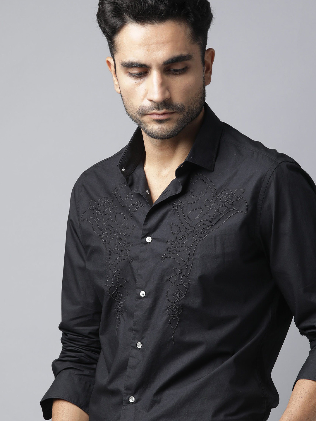 Buy RARE RABBIT Men Black Slim Fit Opaque Floral Embroidered Cotton ...