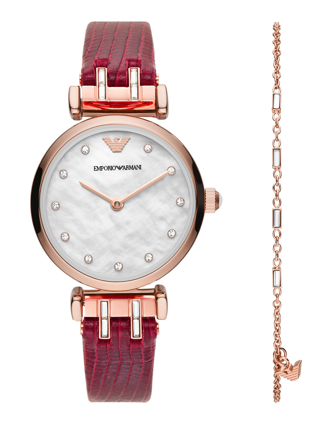 Buy Emporio Armani Women Cream Coloured Embellished Dial & Red Leather ...