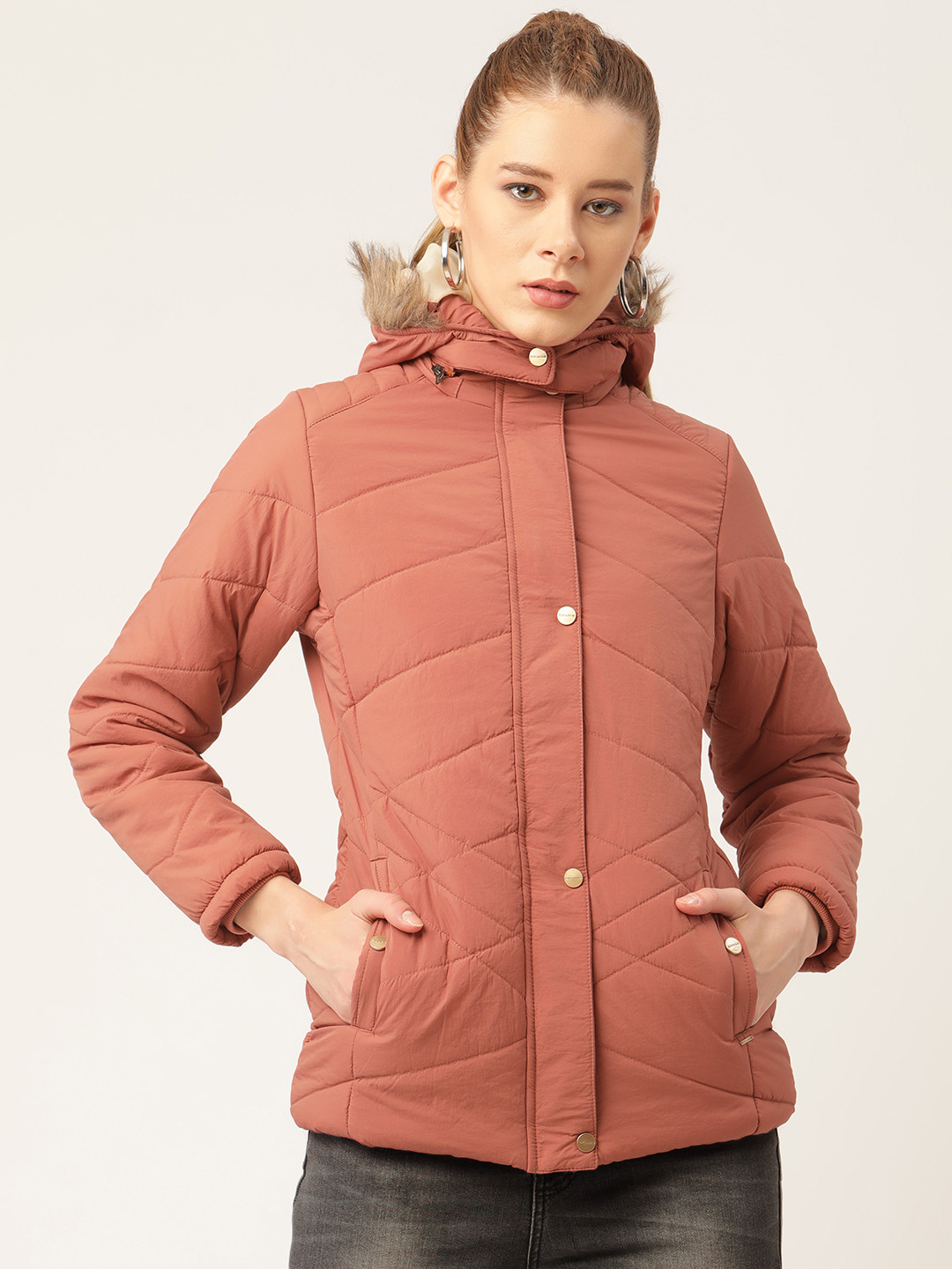 Buy Okane Women Peach Coloured Hooded Parka Jacket - Jackets for Women ...
