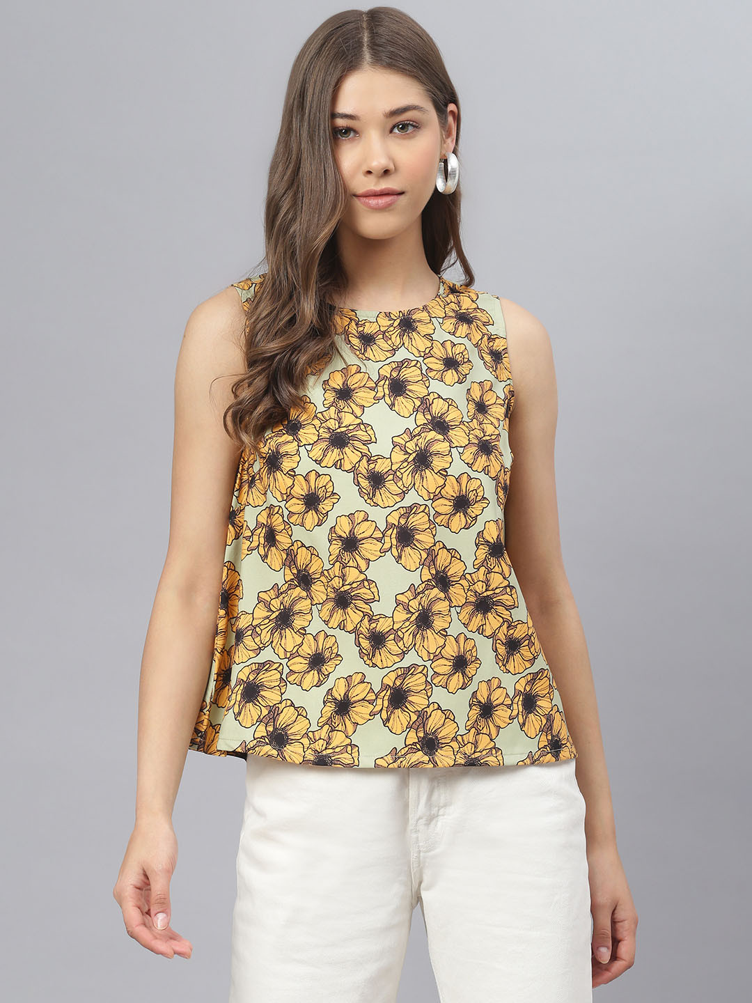 Buy DEEBACO Woman Mustard Yellow Floral A Line Top - Tops for Women ...