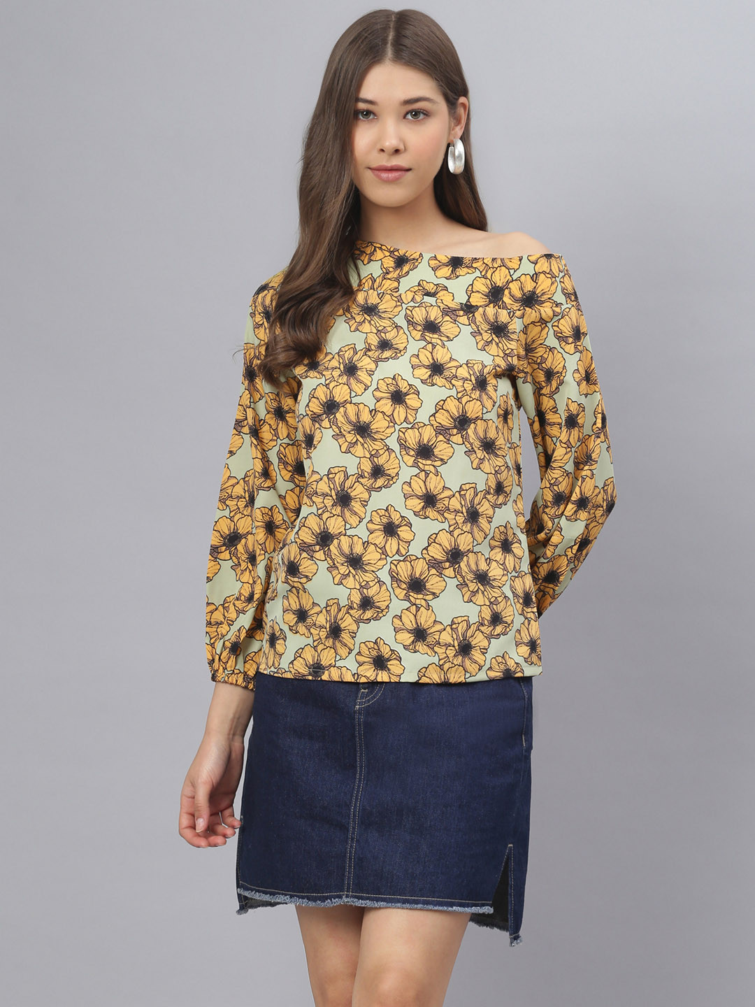 Buy DEEBACO Women Mustard Yellow Floral Crepe Regular Top - Tops for ...