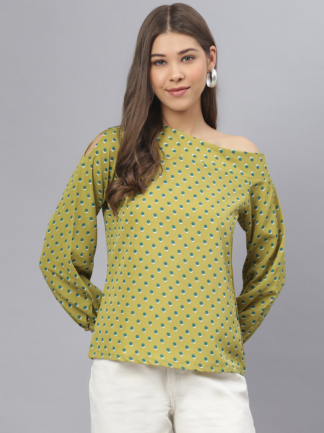 Buy DEEBACO Olive Green Geometric One Shoulder Crepe Regular Top - Tops ...