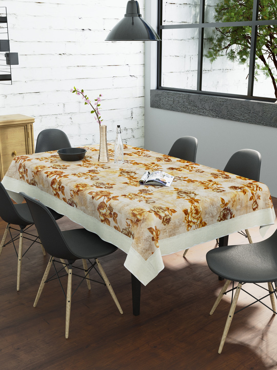 Buy Clasiko Beige & Brown Floral Printed 6 Seater Dining Table Cover ...
