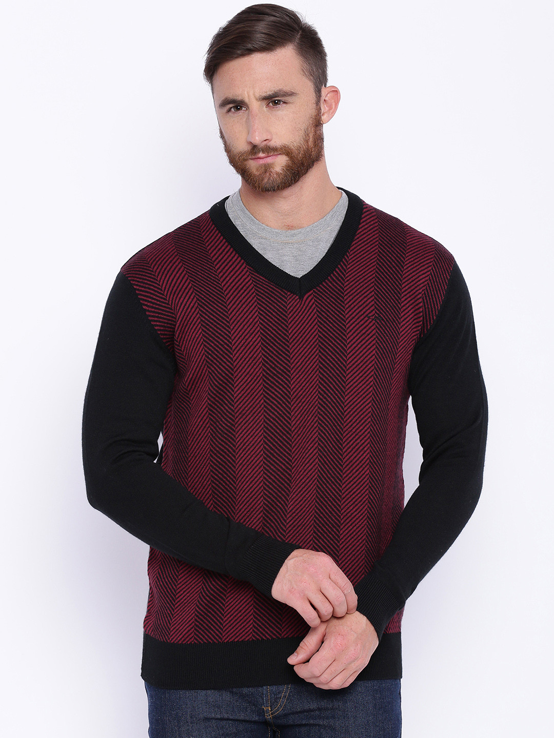 Buy ColorPlus Men Black & Maroon Striped Sweater - Sweaters for Men ...