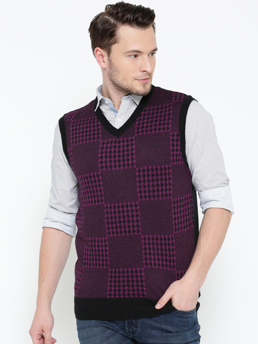 Buy ColorPlus Men Purple & Black Self Design Sleeveless Sweater ...