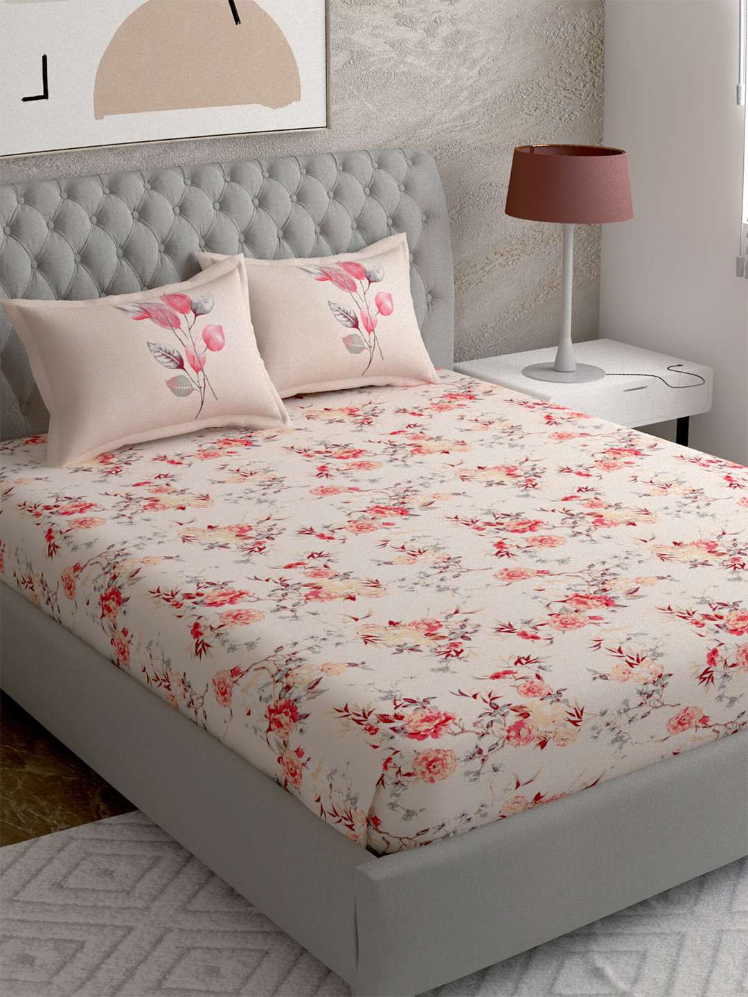 Buy EverHOME Off White Floral Printed 144 TC Queen Bedsheet With 2 ...