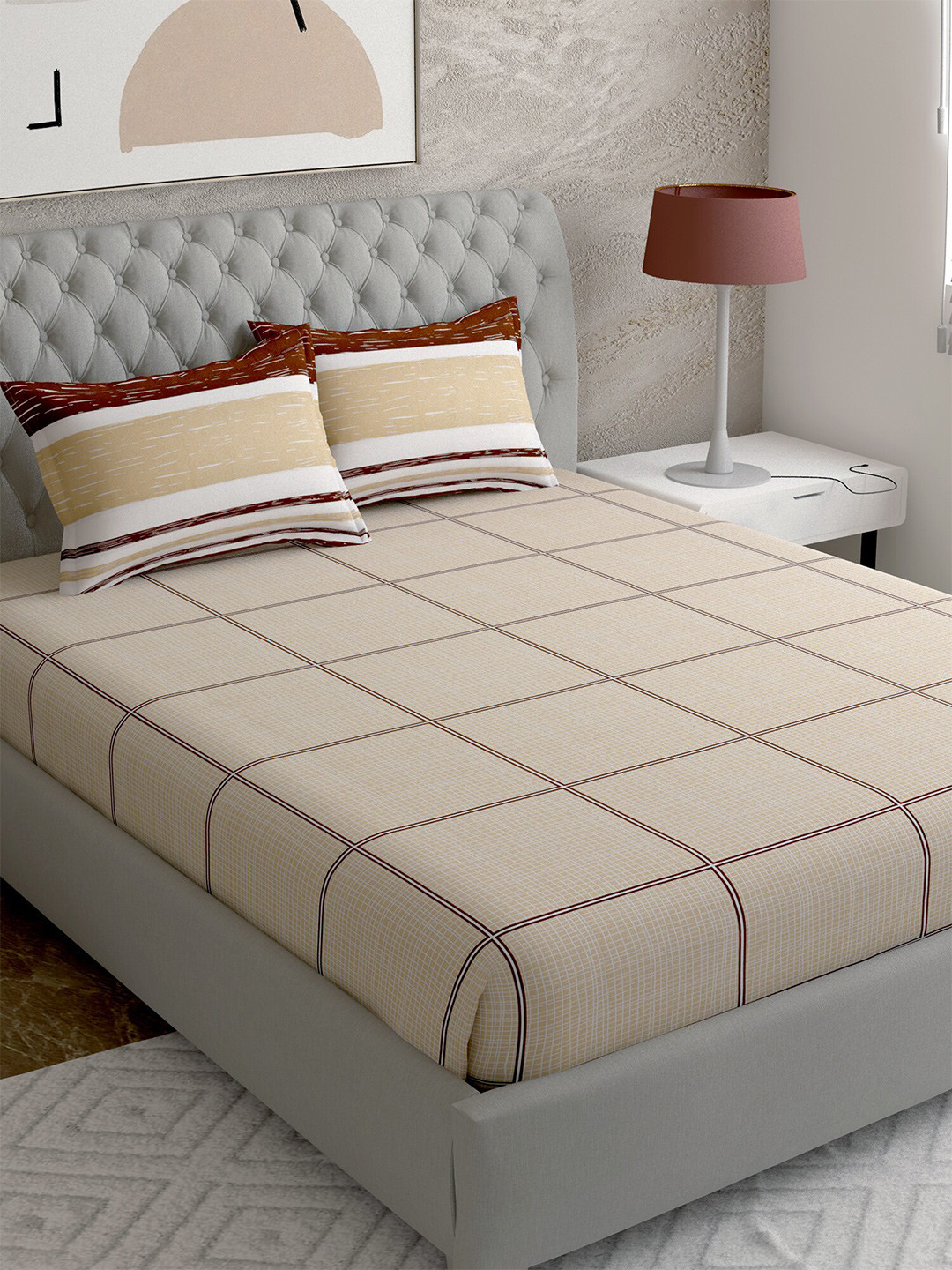 Buy EverHOME Beige Geometric Printed 144 TC Queen Bedsheet With 2 ...