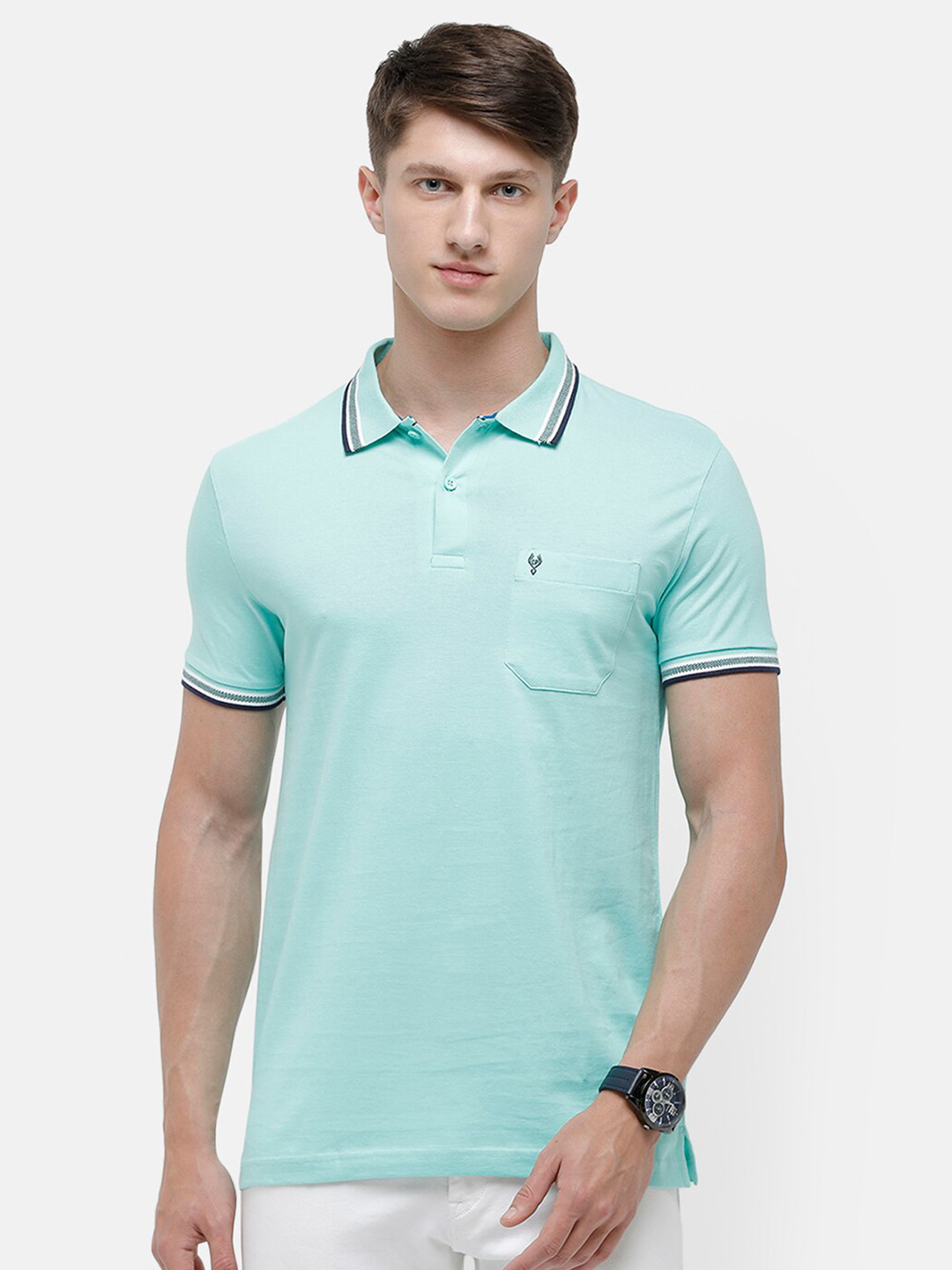 Buy Classic Polo Men Turquoise Blue Polo Collar Pockets Slim Fit T ...