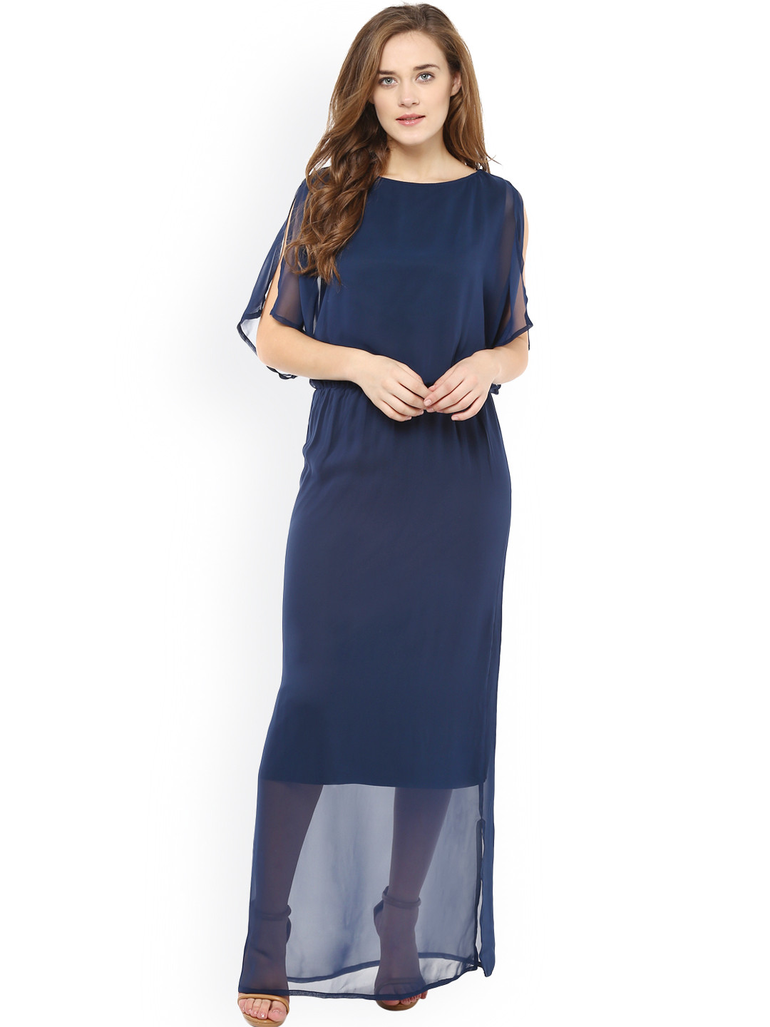 Buy Femella Women Navy Solid Sheer Maxi Dress - Dresses for Women ...