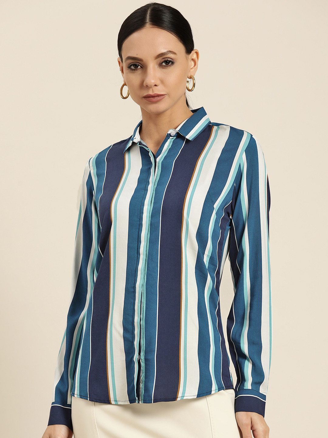Buy Hancock Women Blue & White Slim Fit Opaque Striped Formal Shirt ...