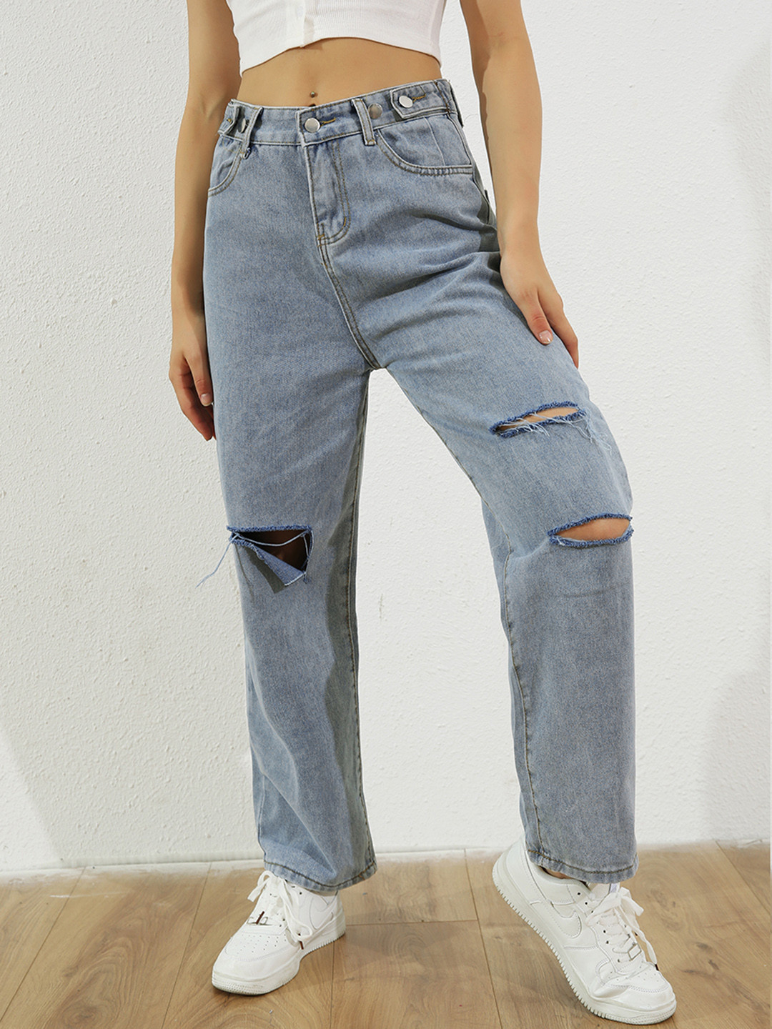 Buy URBANIC Women Blue Cotton Straight Fit High Rise Slash Knee Jeans ...