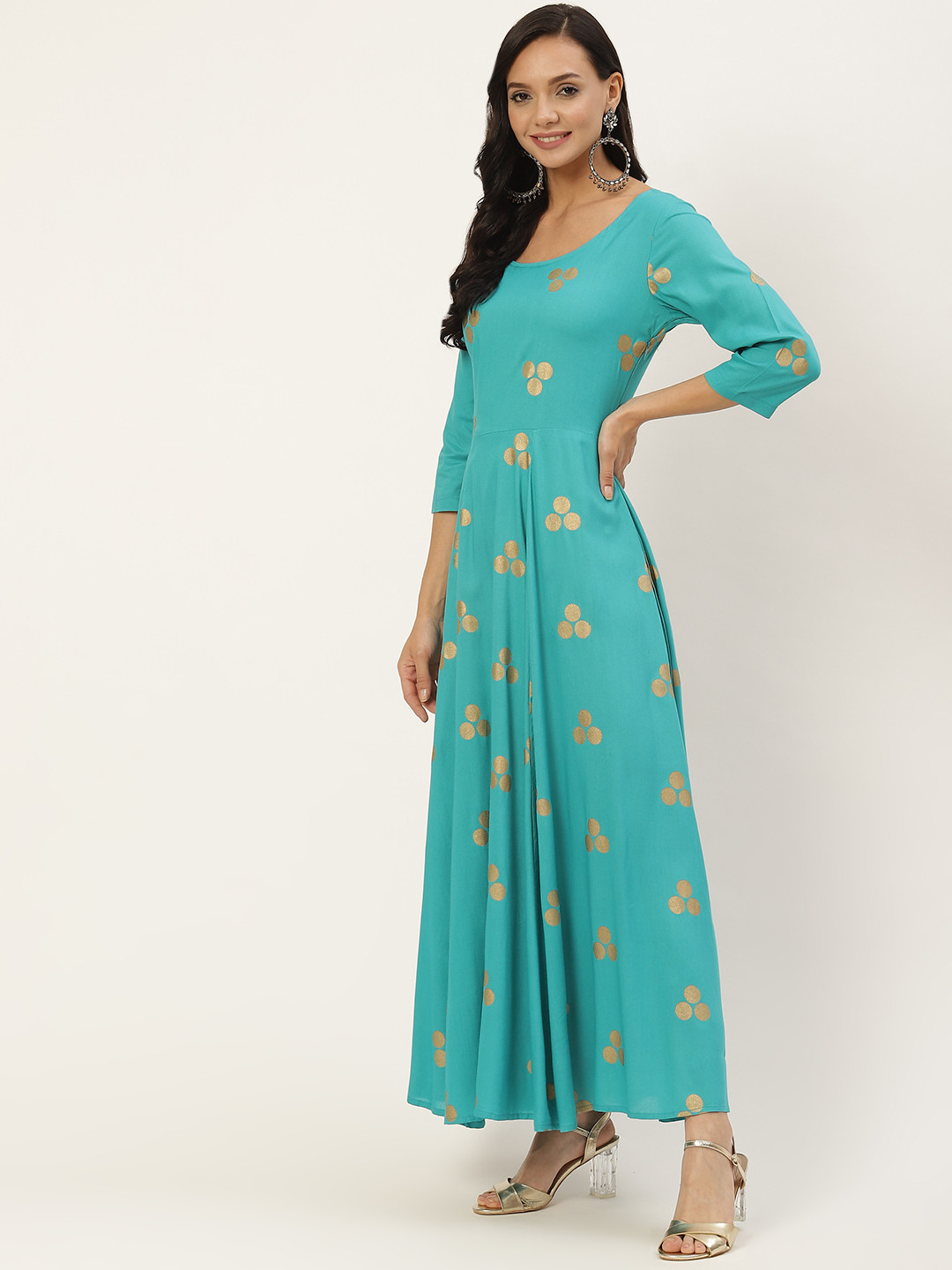 Buy Deewa Turquoise Blue & Golden Ethnic Maxi Dress - Ethnic Dresses ...