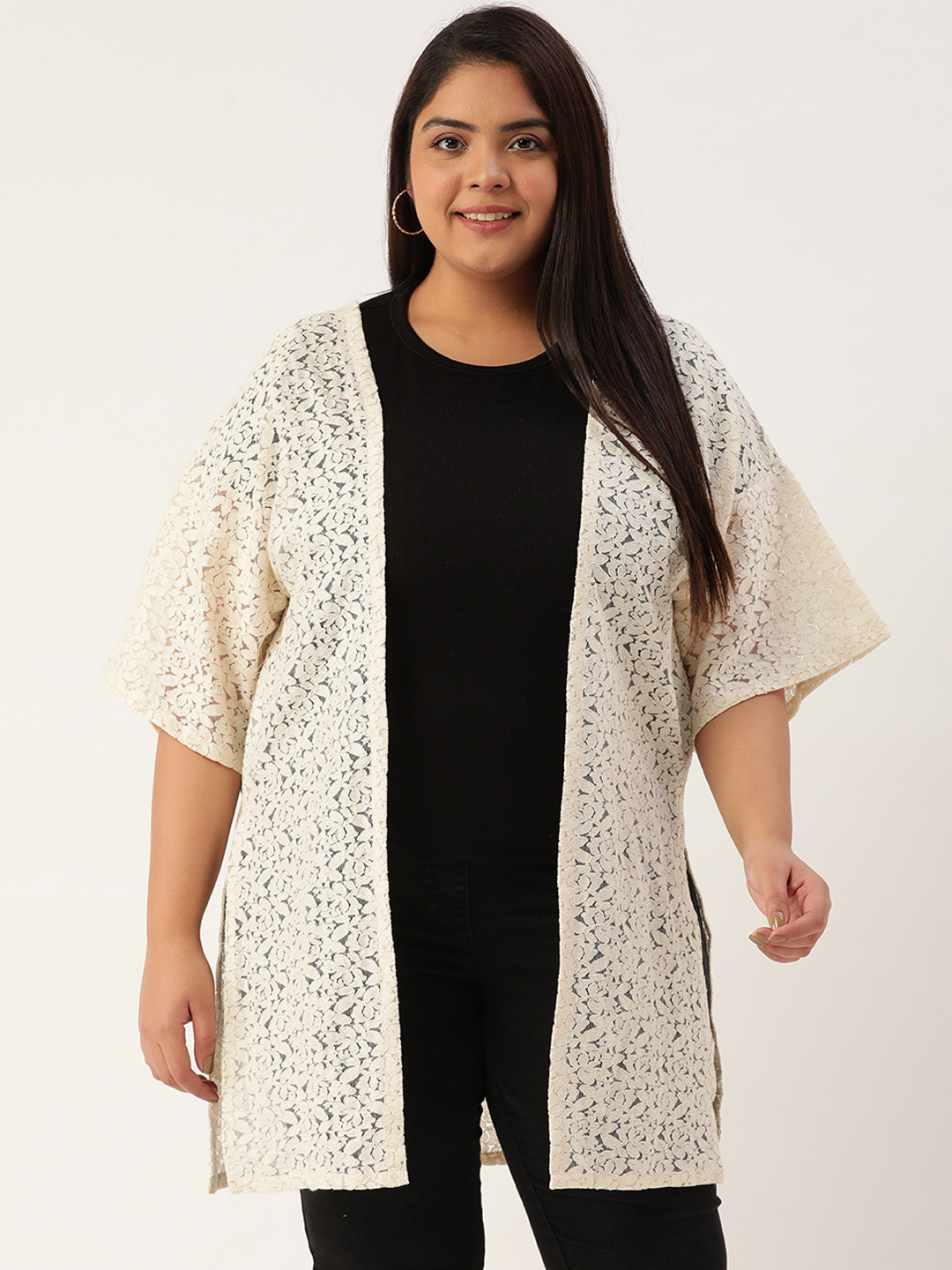 Buy Rute Plus Size Women Beige Self Design Longline Open Front Shrug ...