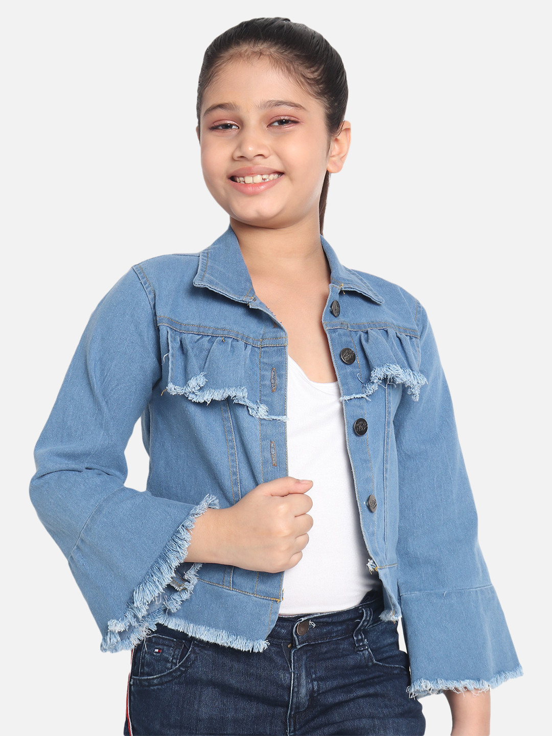 Buy MONTREZ Girls Blue Solid Denim Jacket - Jackets for Girls 15505804 ...