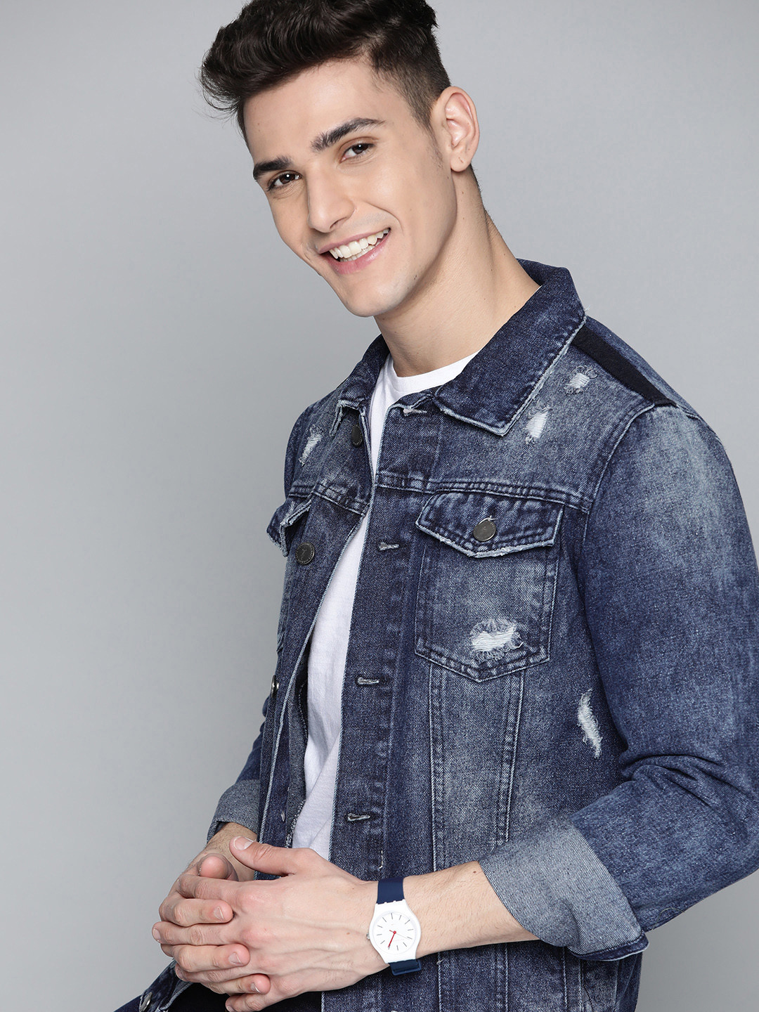 Buy Mast & Harbour Men Navy Pure Cotton Washed Denim Jacket - Jackets ...