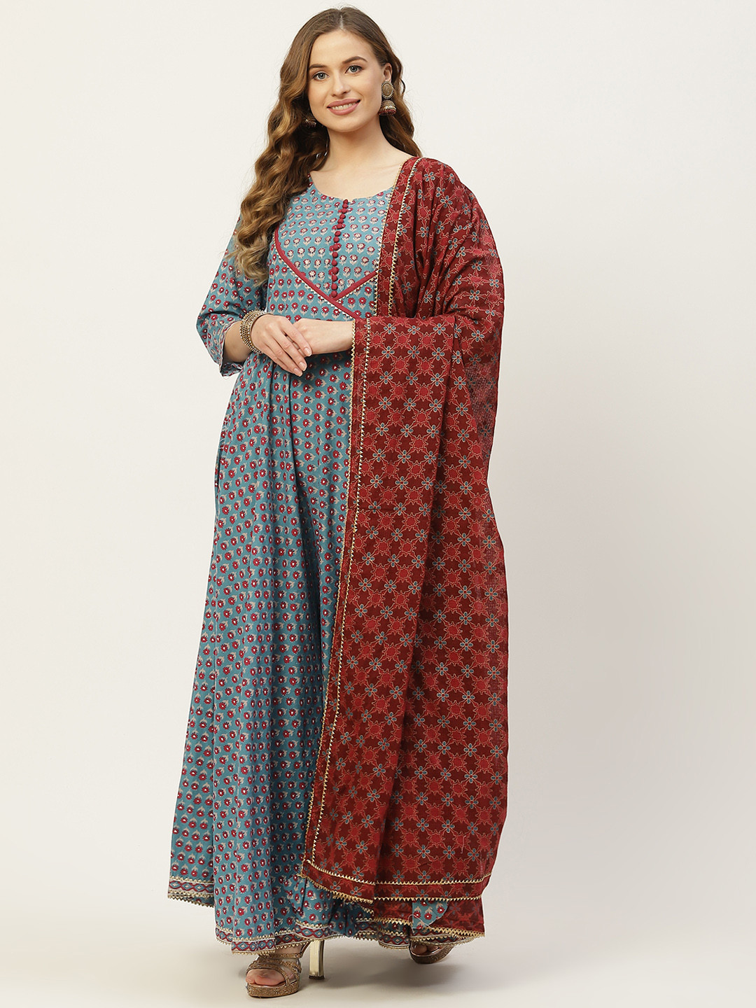 Buy TARA C TARA Blue Floral Ethnic Maxi Dress With Dupatta - Dresses ...