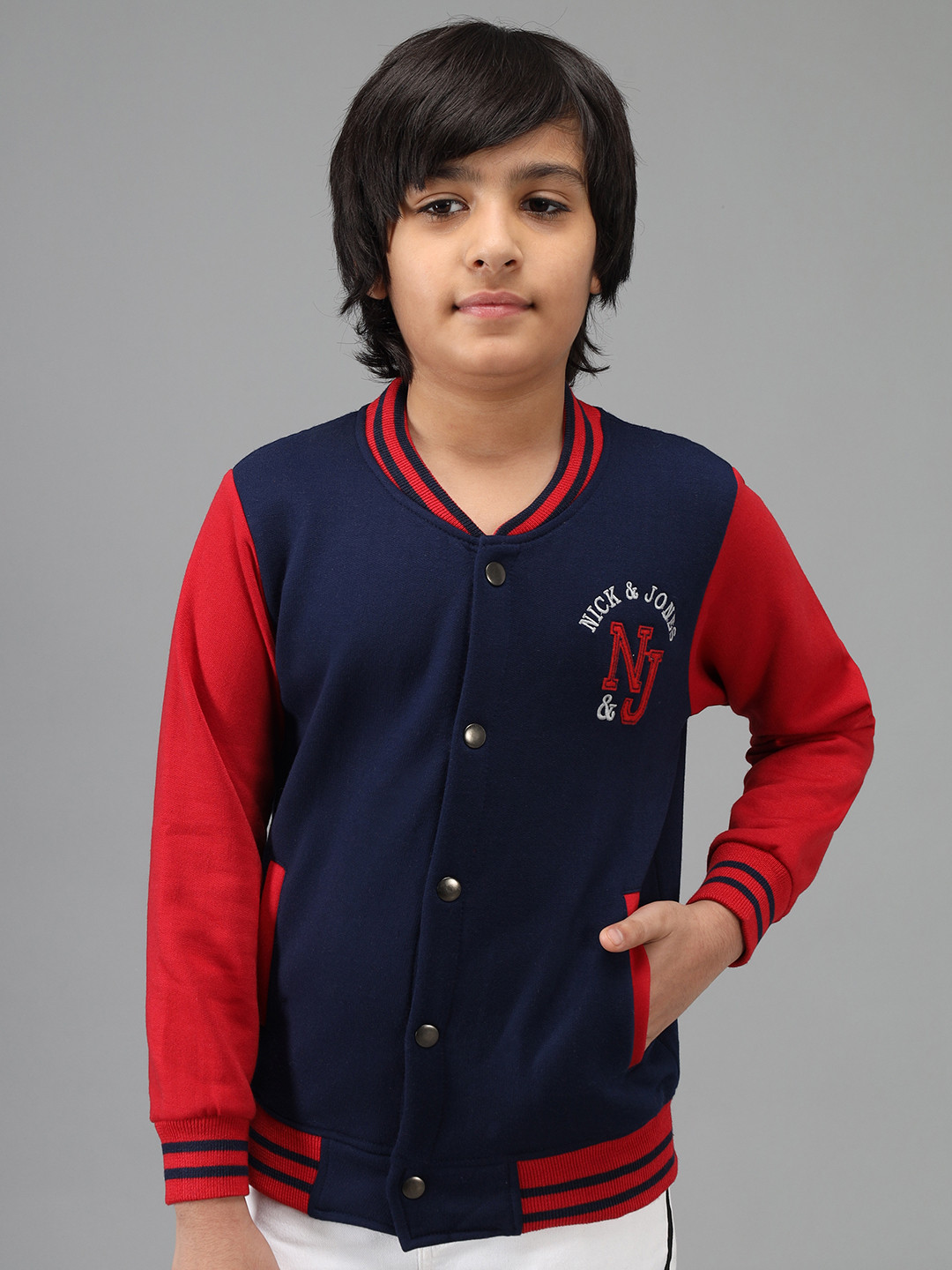 Buy Nick And Jones Boys Navy Blue & Red Solid Varsity Jacket With ...
