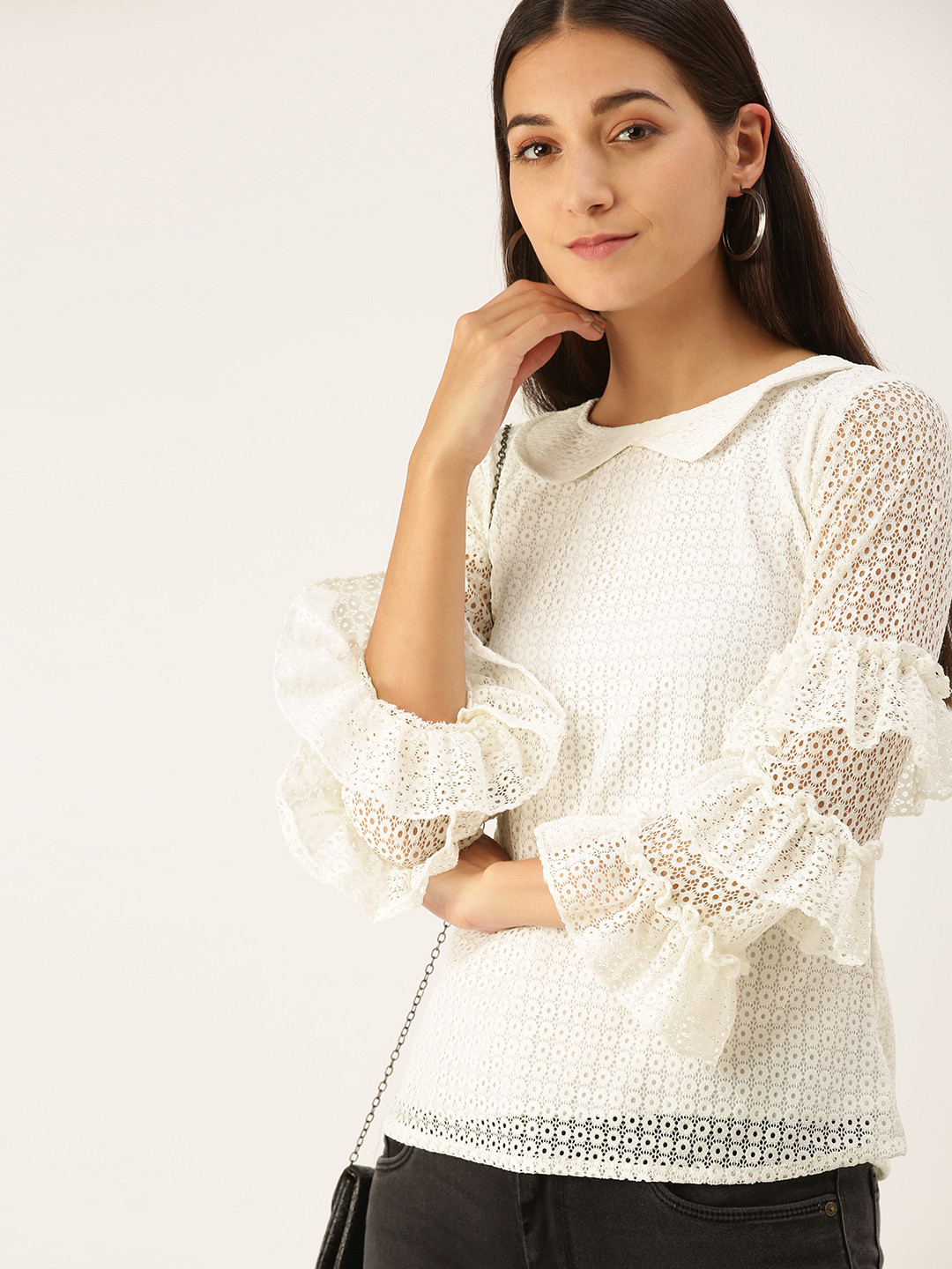 Buy Selvia White Ruffles Sheer Net Regular Top - Tops for Women ...